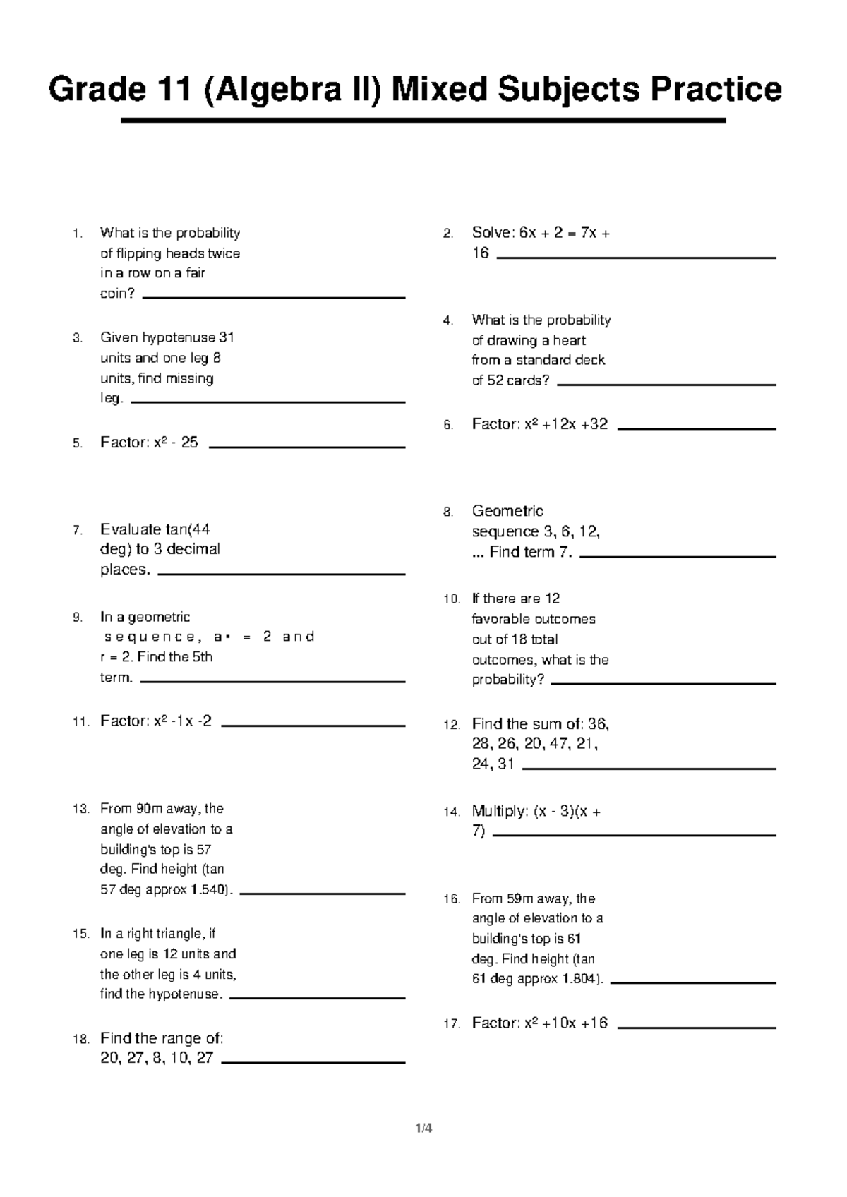 Grade 11 (Algebra II) Mixed Subjects Practice 18: Problem Set ...