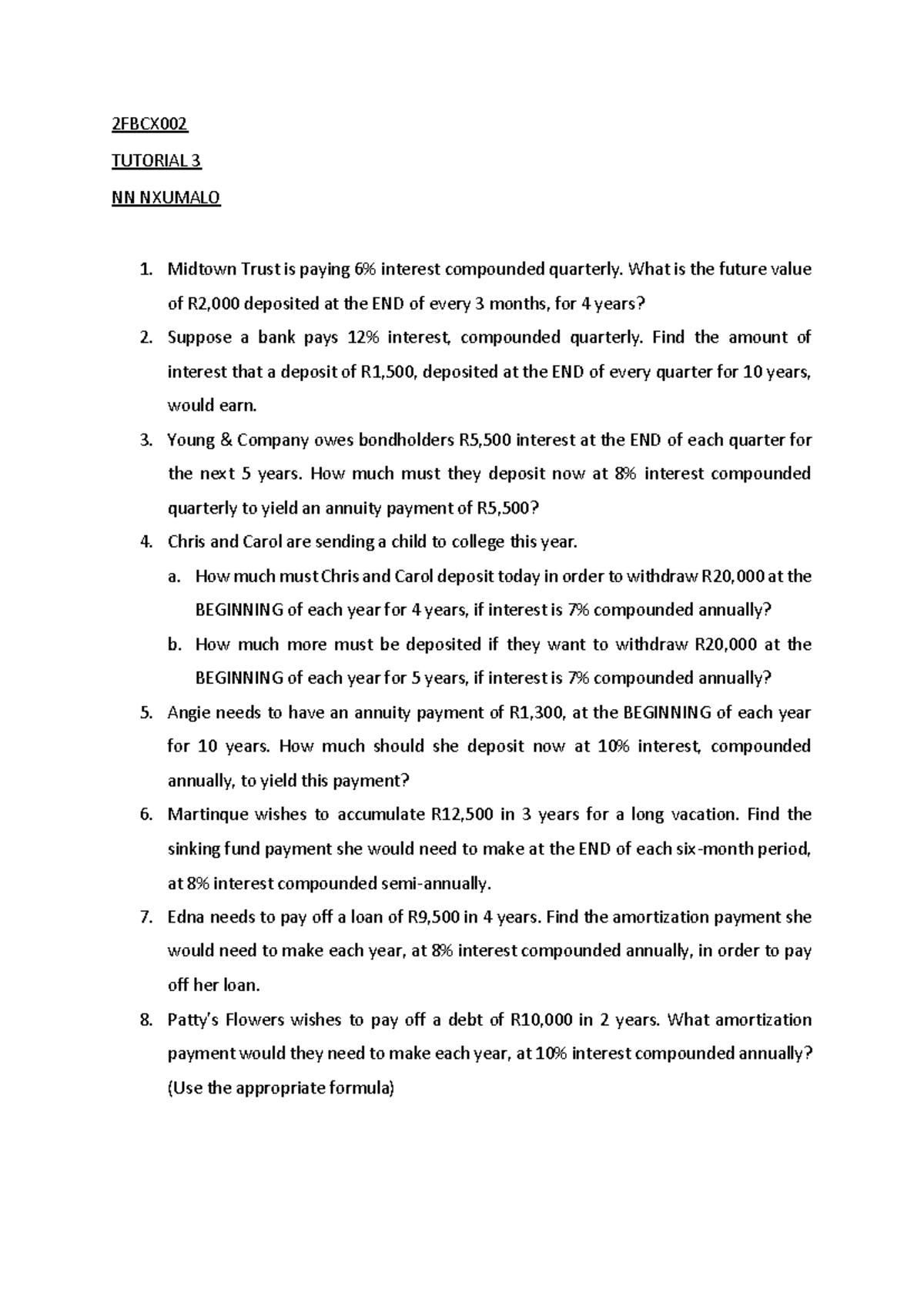 2FBCX002 TUTORIAL 3: Future Value & Annuity Calculations - Studocu