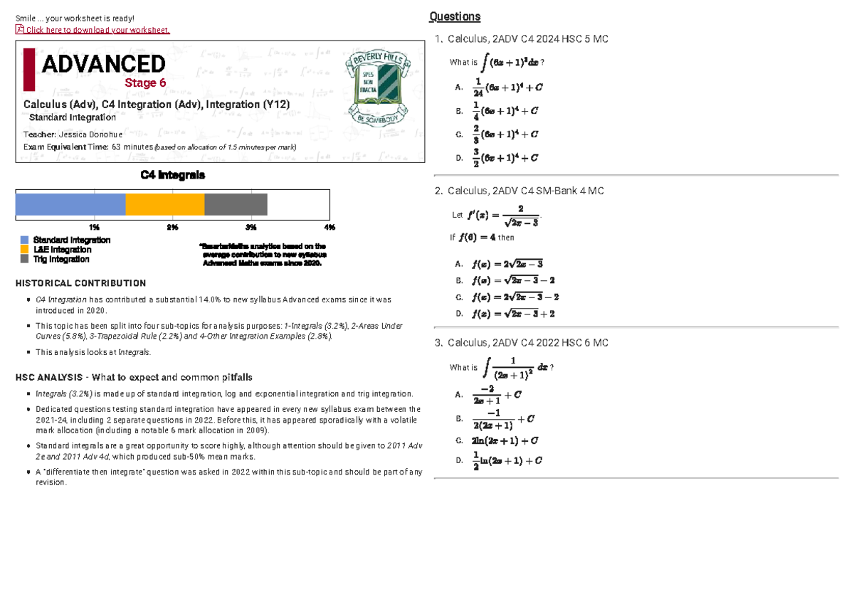 HSC 2ADV C4 Integration Basics with Solutions and Exam Insights - Studocu