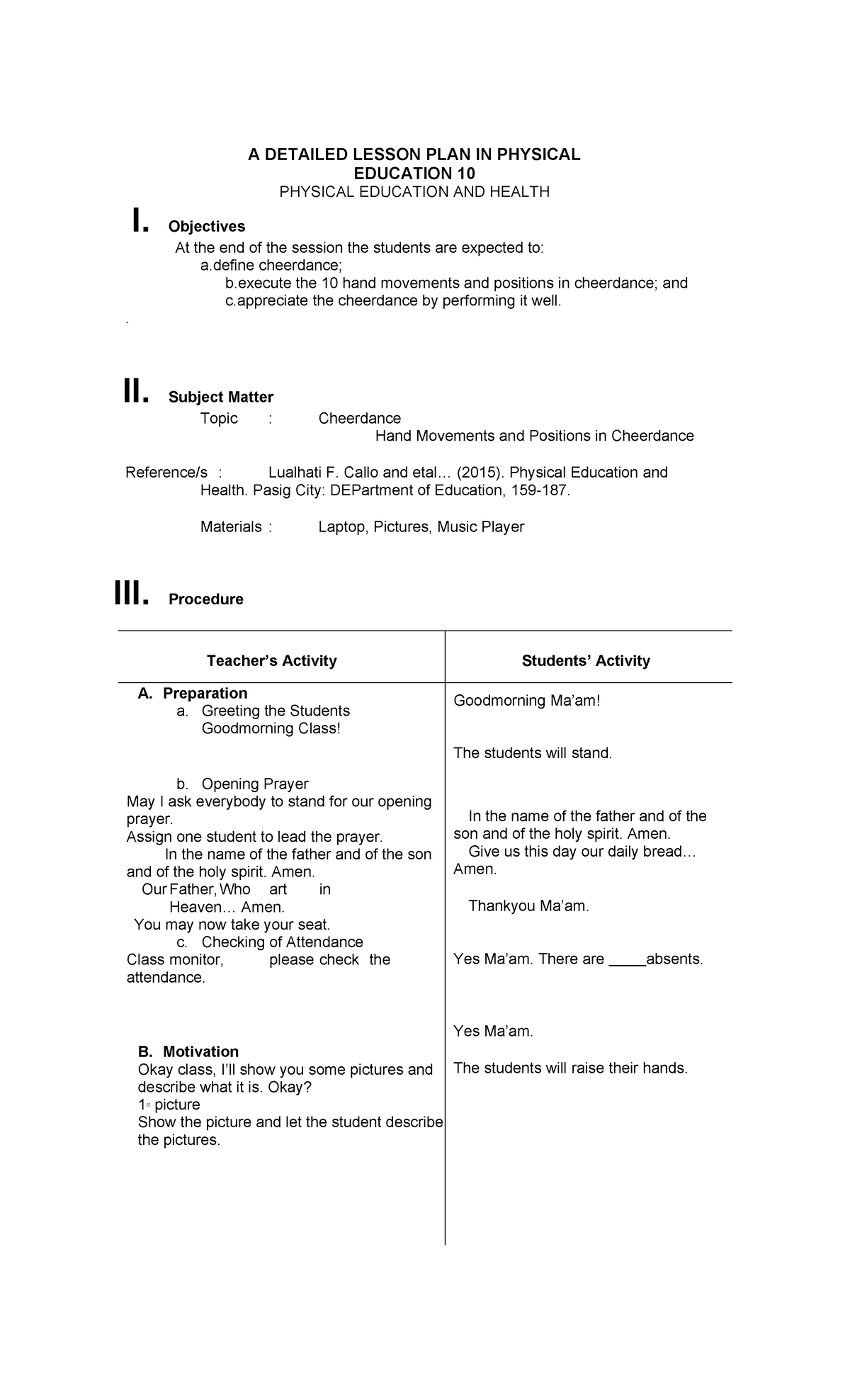 Detailed Lesson Plan: Cheerdance Hand Movements in PE 10 - Studocu