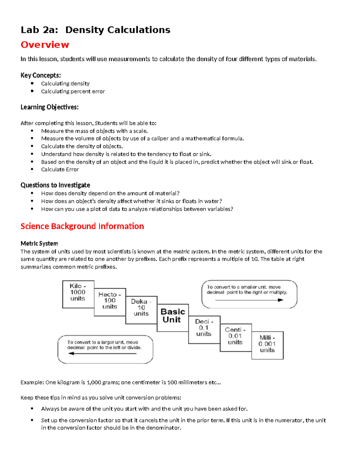 Lab 2a: Overview of Density Calculations and Measurements - Studocu