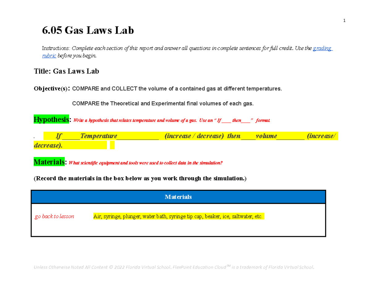 Copy of 10 3 V22 6.05 Gas Laws Lab - 6 Gas Laws Lab Instructions ...