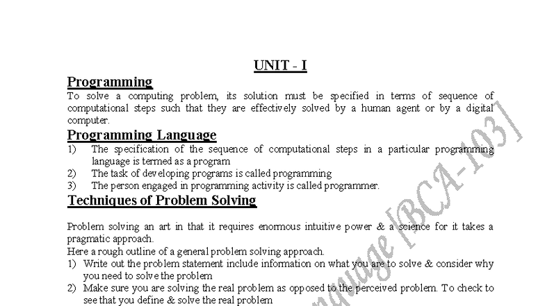 Unit I: Introduction to C Programming and Problem Solving Techniques ...