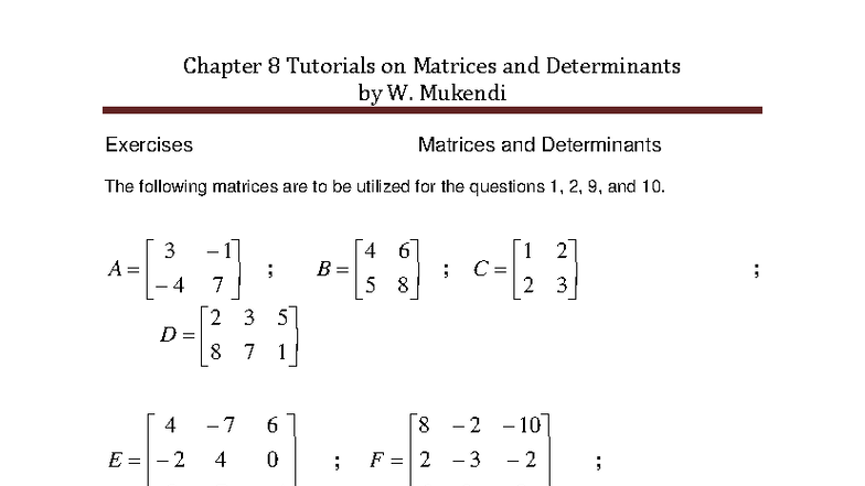 Chapter 8 Matrices & Determinants Exercises - W. Mukendi - Studocu