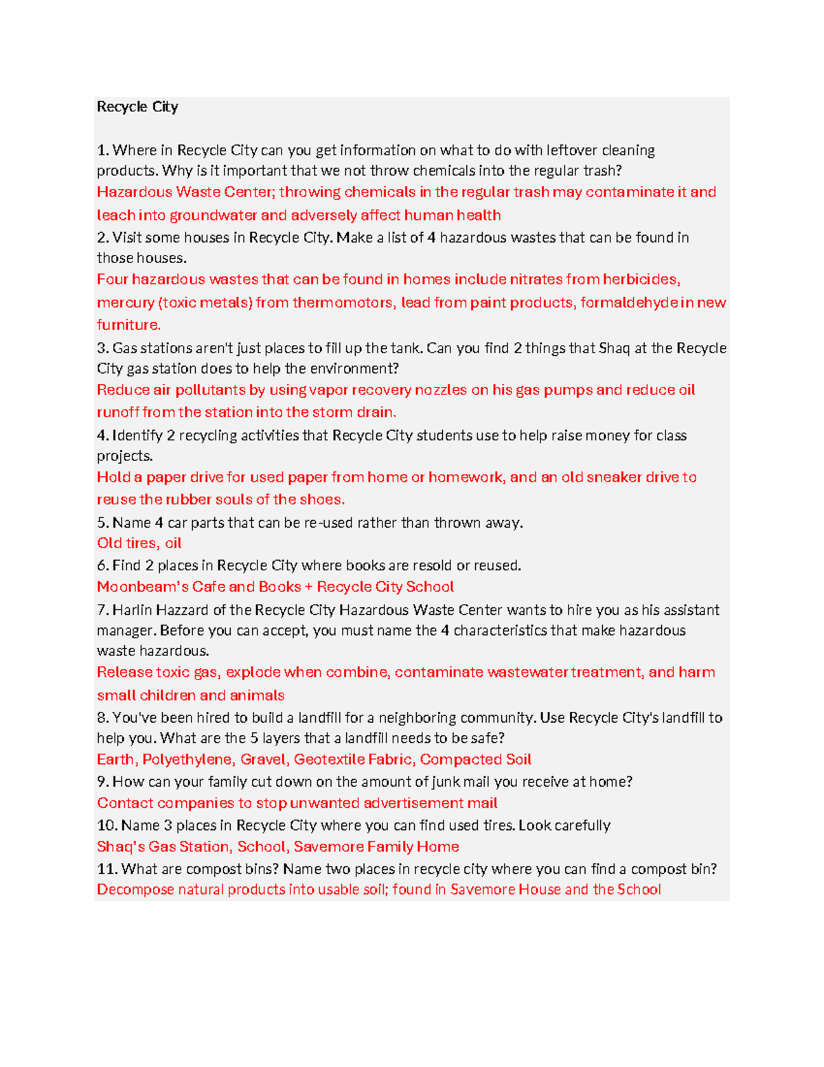 Recycle City Worksheet: Exploring Recycling and Waste Practices - Studocu