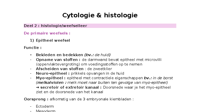 Cytologie en Histologie Deel 2: Primaire Weefsels en Epitheel Functies ...