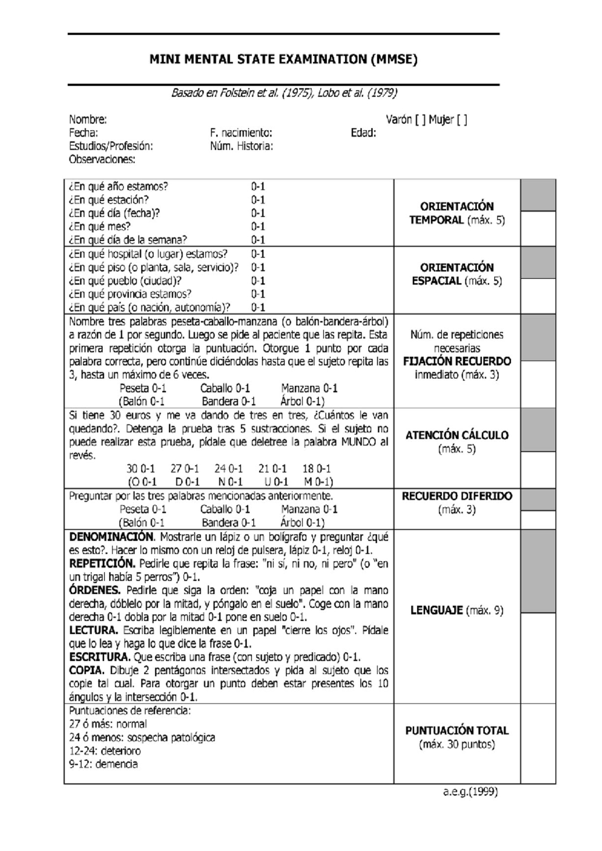 MINI MENTAL STATE EXAM (MMSE) Evaluación de Niños - 1975/1979 - Studocu
