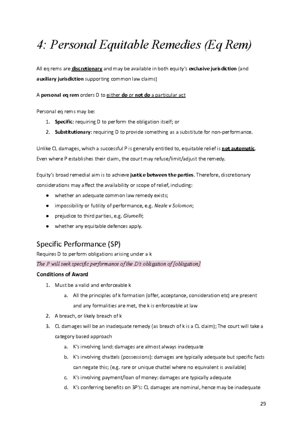 Equitable Remedies Notes (Eq Rems) - HD Grade Study Guide - Studocu