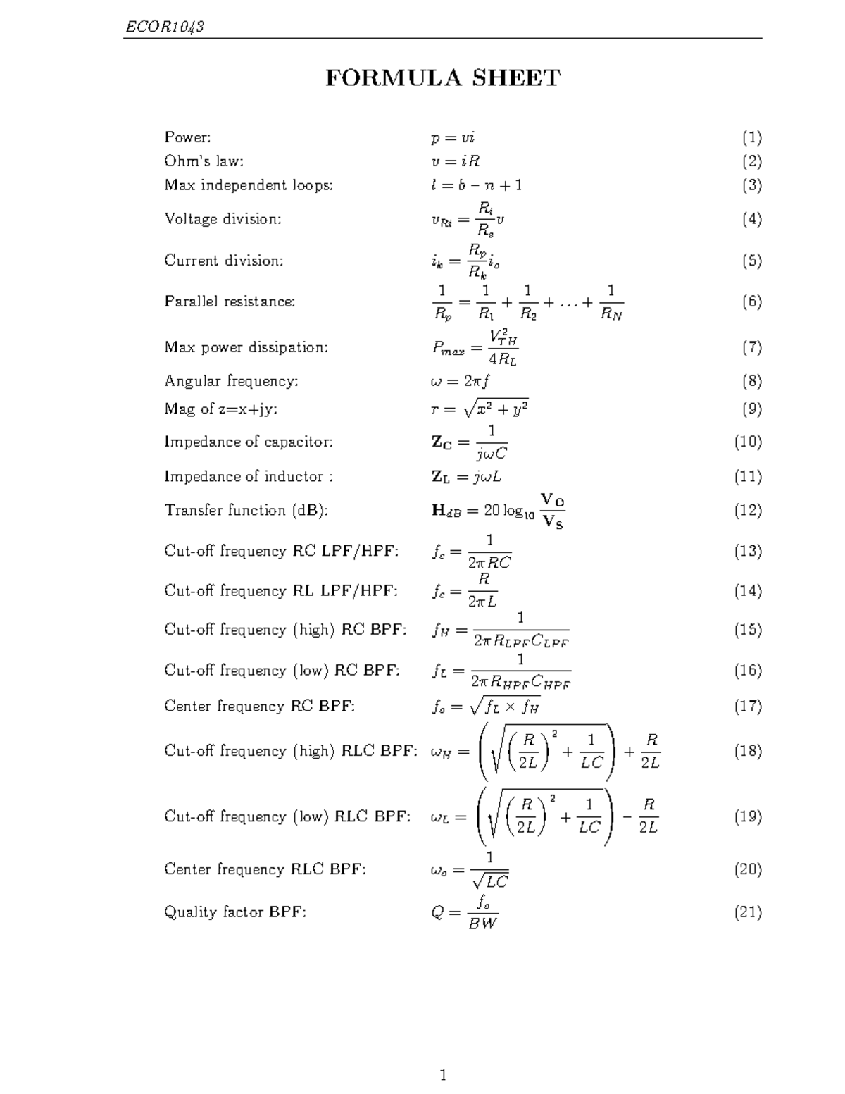 1. Formula sheet main V9 - ECOR FORMULA SHEET Power: p = vi (1) Ohm’s ...