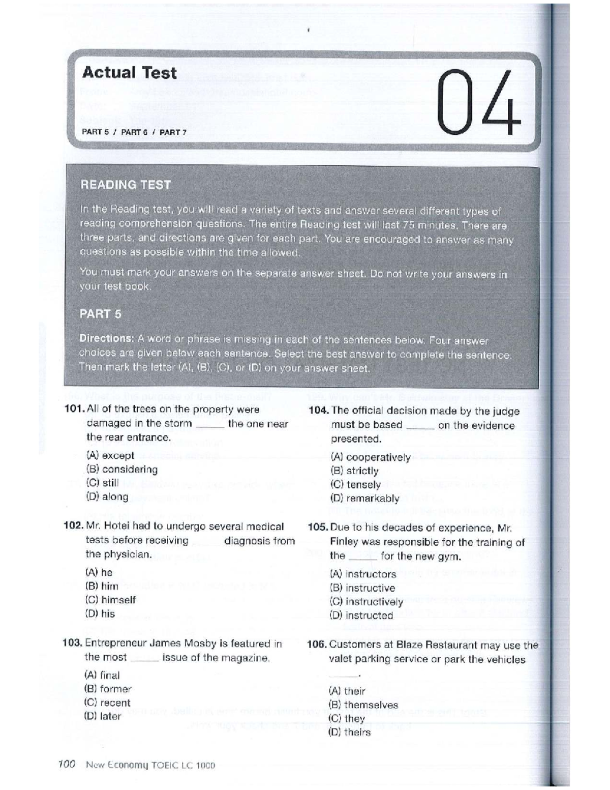 Actual Test 04: TOEIC Reading Comprehension Practice (Nov) - Studocu