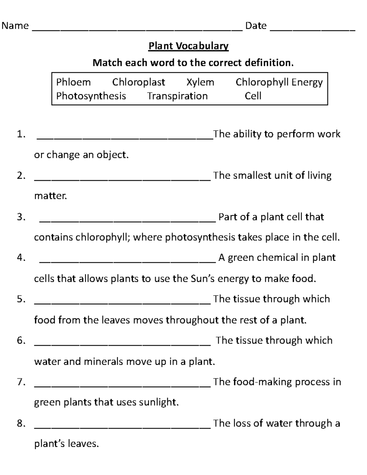 Plant Vocabulary Worksheet-1: Definitions & Crossword - Studocu