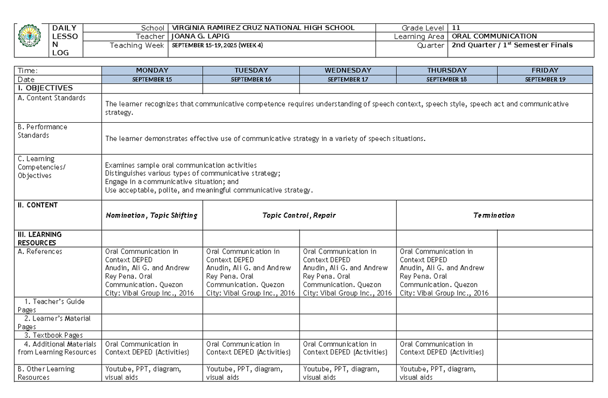Oral Communication Lesson Log (Grade 11) - 2nd Sem Week 4 - Studocu