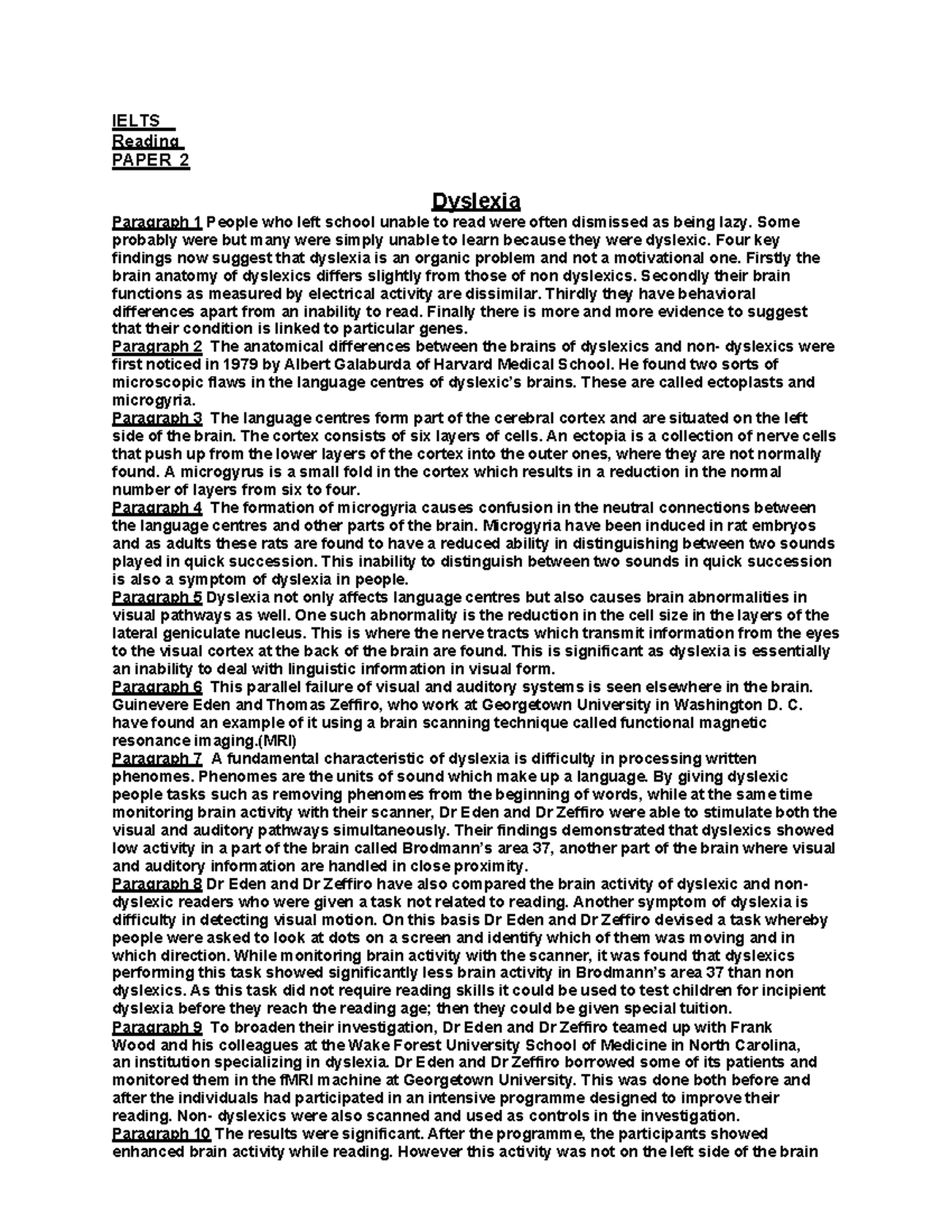 Ielts Reading Paper 2 - IELTS Reading PAPER 2 Dyslexia Paragraph 1 ...