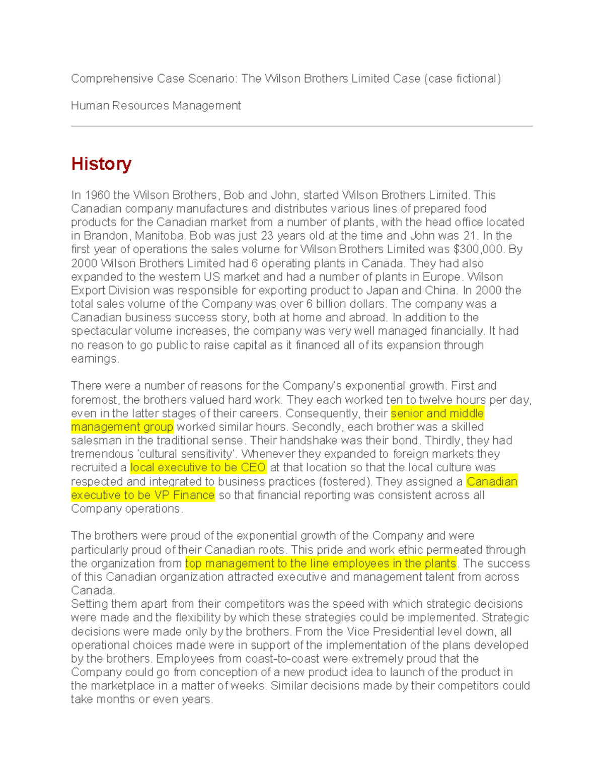 HR Management Case Study: The Wilson Brothers Limited (HRM 101) - Studocu