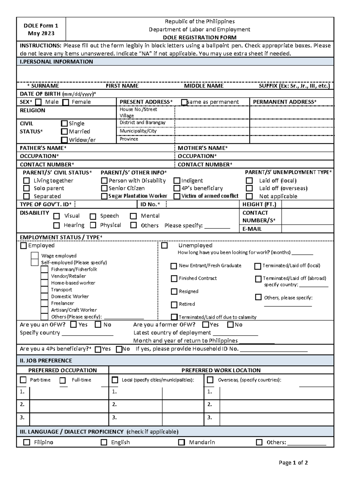 DOLE Registration Form 1 - BLE LMI NSRP May 2023 - Studocu