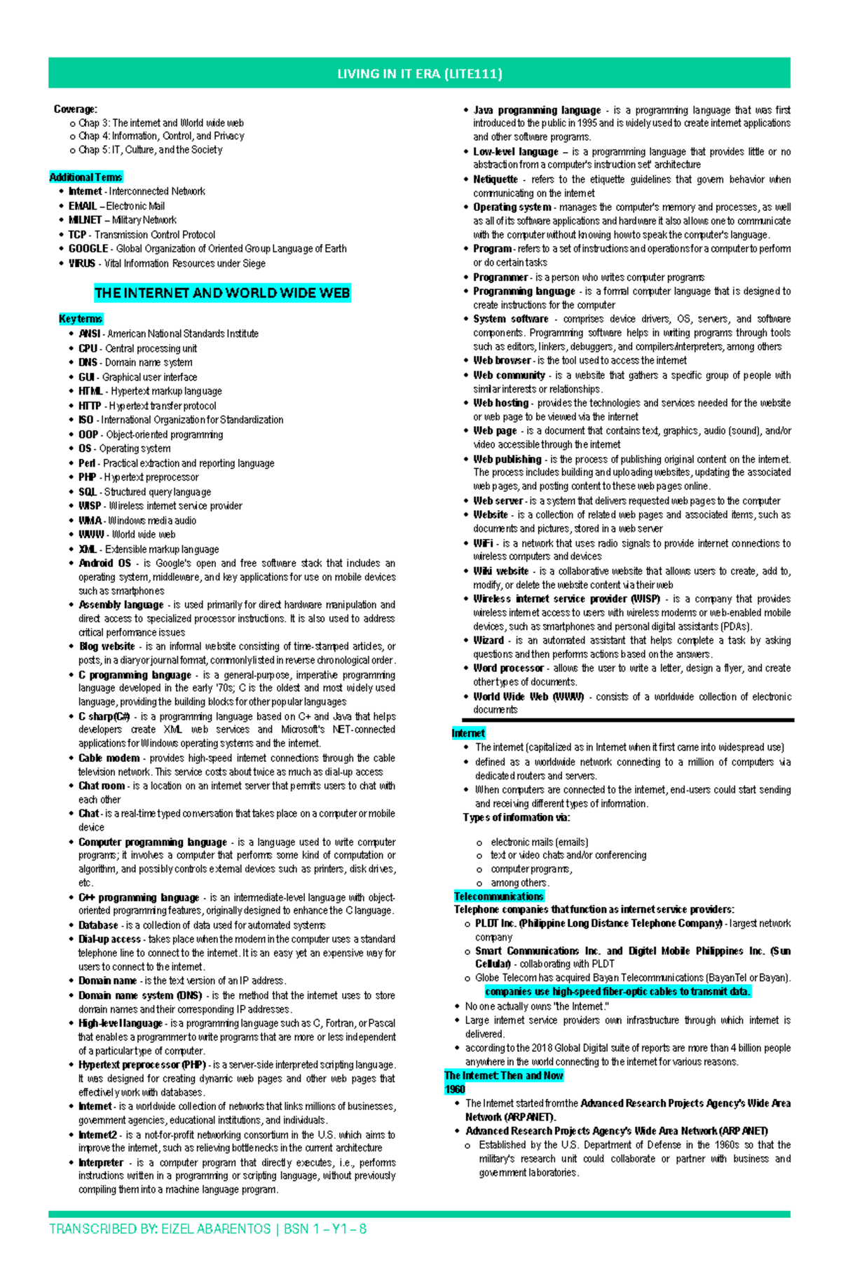 LITE111- Reviewer - Coverage: o Chap 3: The internet and World wide web ...