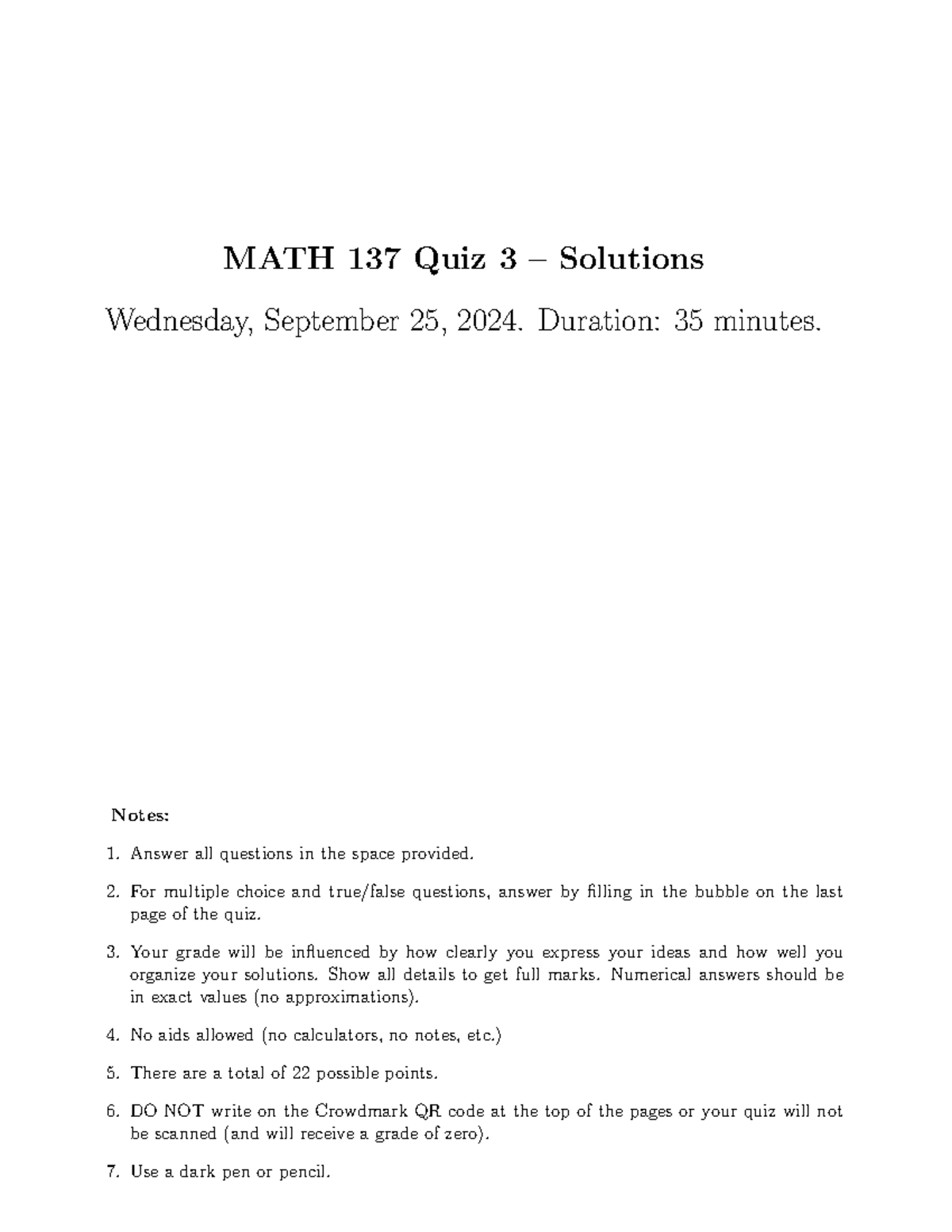 MATH 137 Quiz 3 Practice Solutions - September 25, 2024 - Studocu
