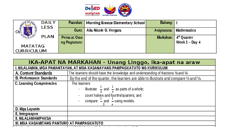 COT-Template: Daily Lesson Plan for Mathematics (Grade 1) - Studocu