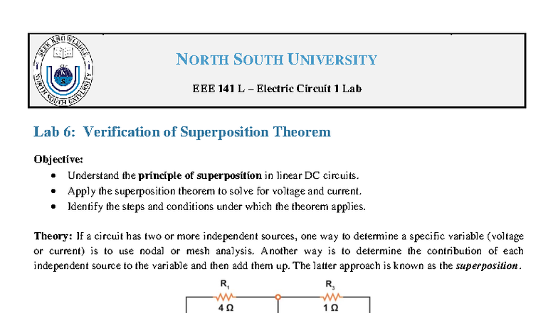 EEE 141 Lab 6: Verification of Superposition Theorem in DC Circuits ...