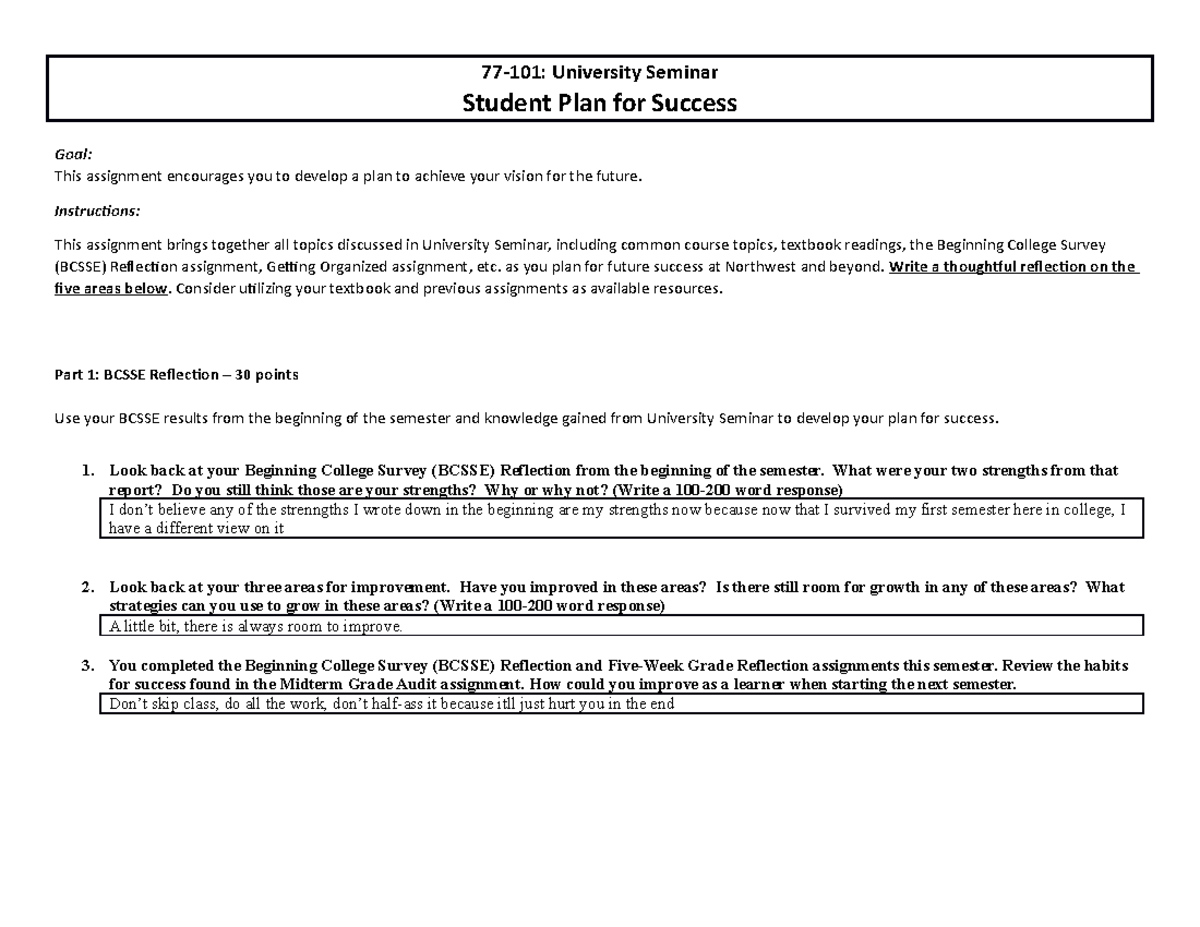 Student Plan for Success - 77-101: University Seminar Student Plan for ...