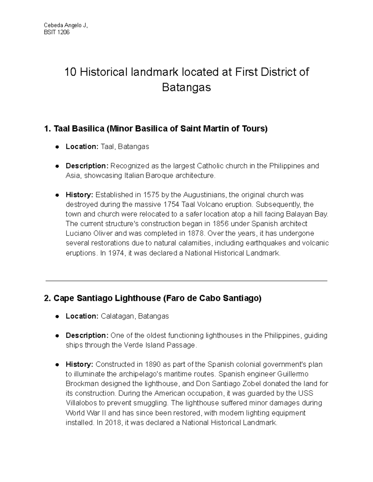 BSIT 1206: Historical Landmarks in Batangas - A Comprehensive Study ...