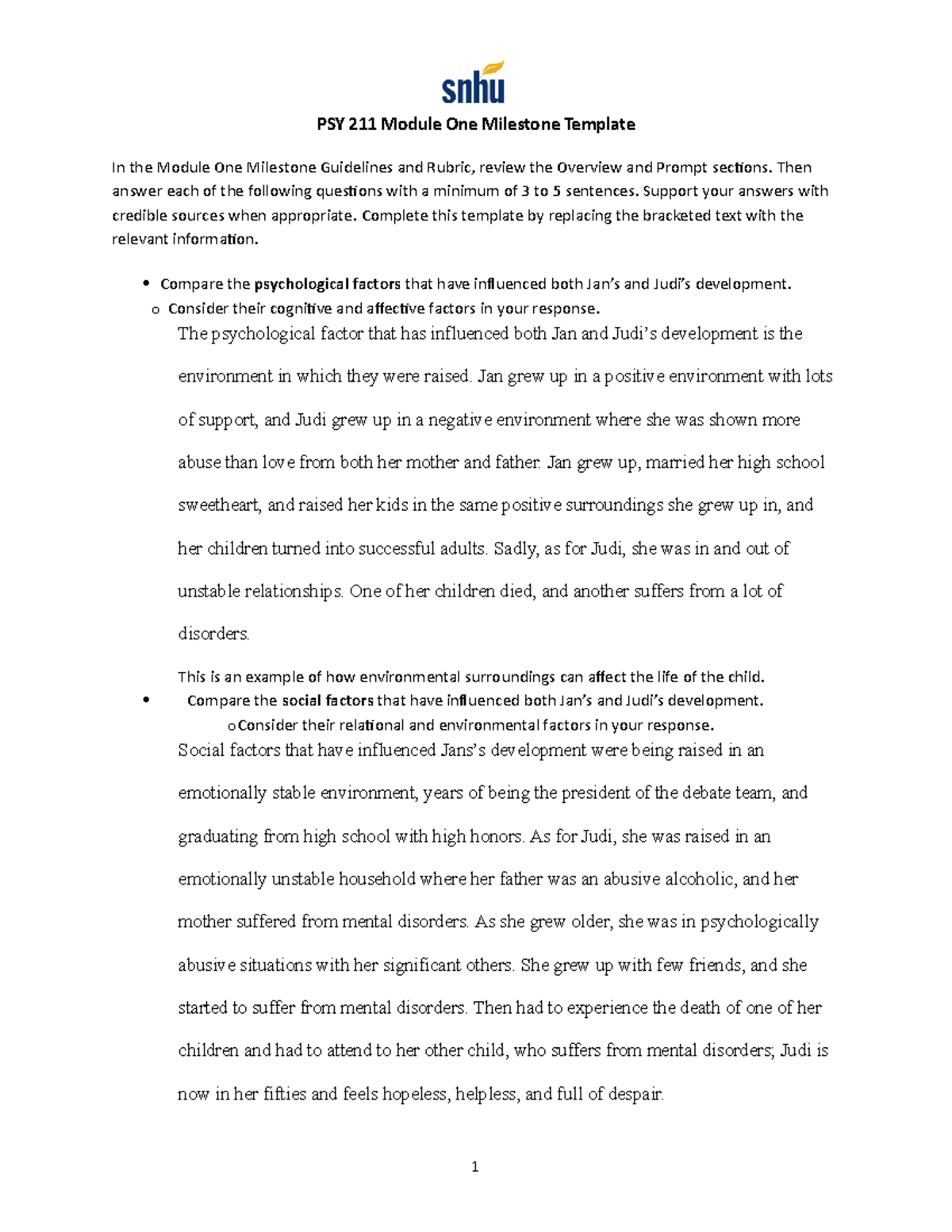 PSY 211 Module One Milestone Template - Then answer each of the ...
