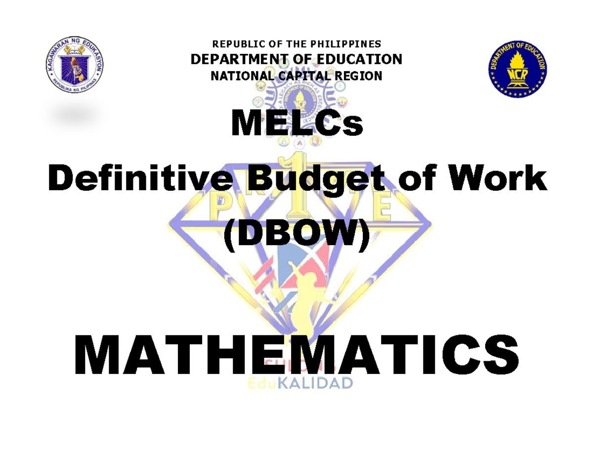 MELCs Definitive Budget of Work (DBOW) for Mathematics 1-10 - Studocu