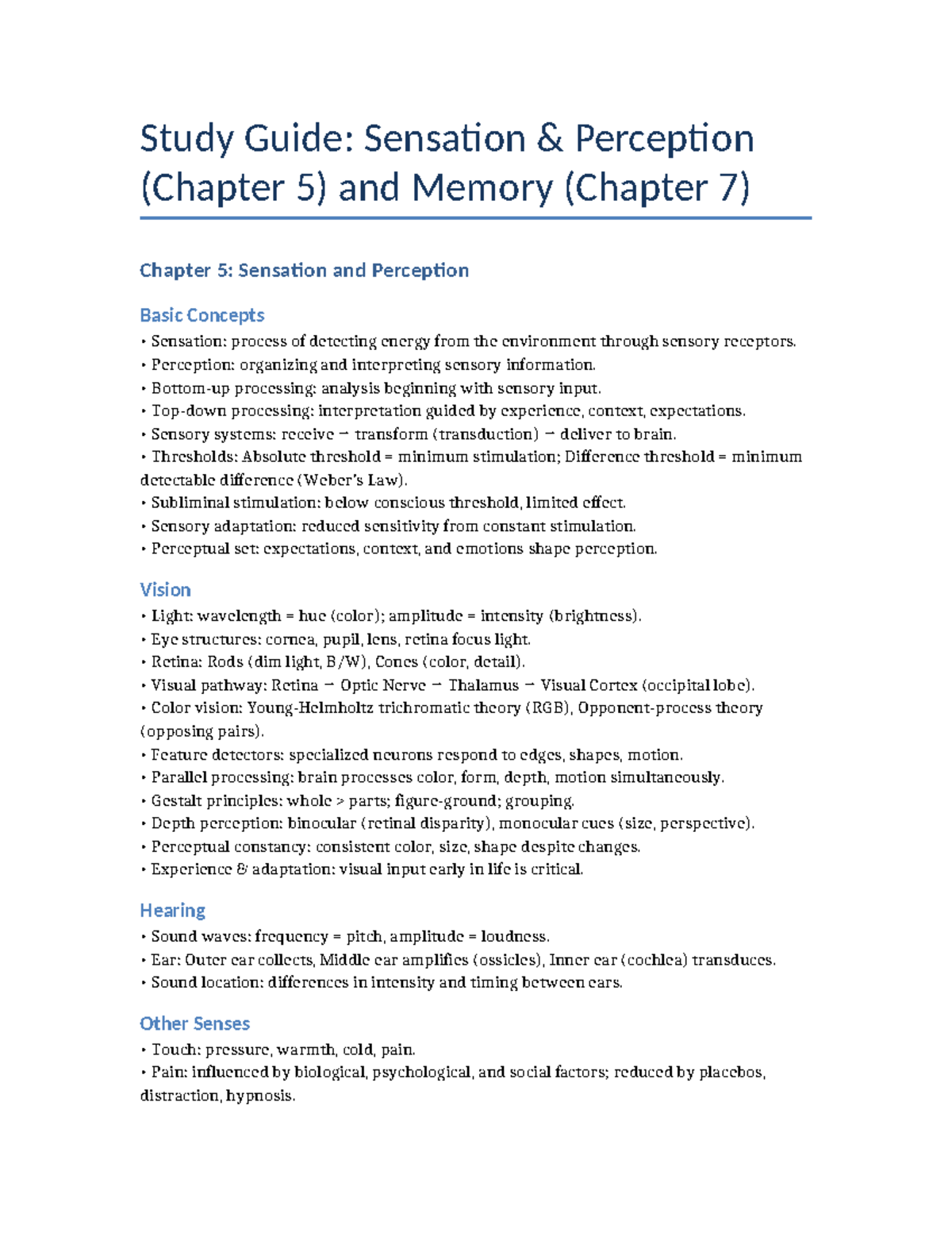Study Guide for Psychology: Sensation & Perception (Ch 5) and Memory ...