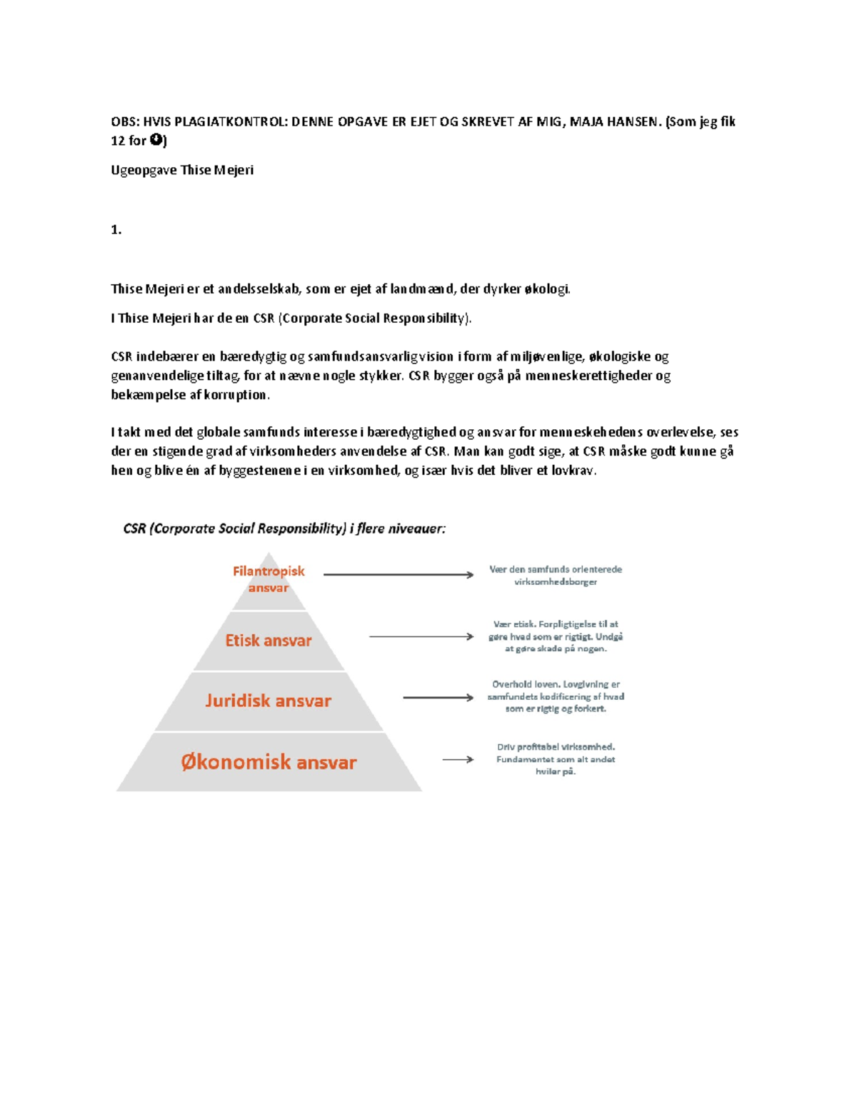 Ugeopgave: CSR-initiativer ved Thise Mejeri - Oversigt og Analyse - Studocu