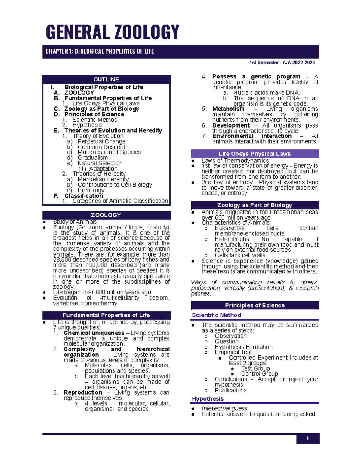 Gen Zoo Notes 1: Biological Properties of Life Overview - Studocu