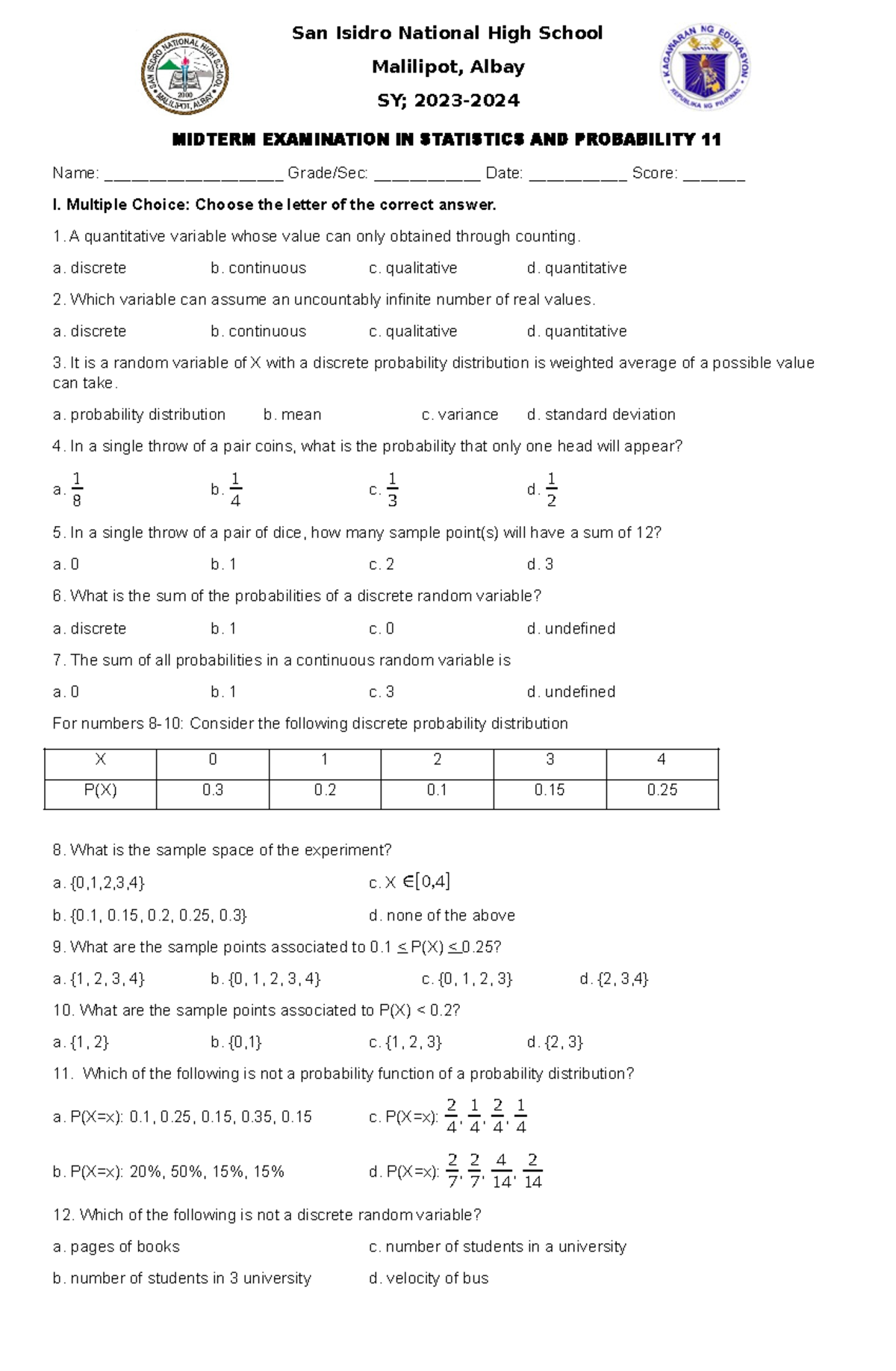 Midterm Exam - Stat 11: Statistics and Probability Assessment - Studocu