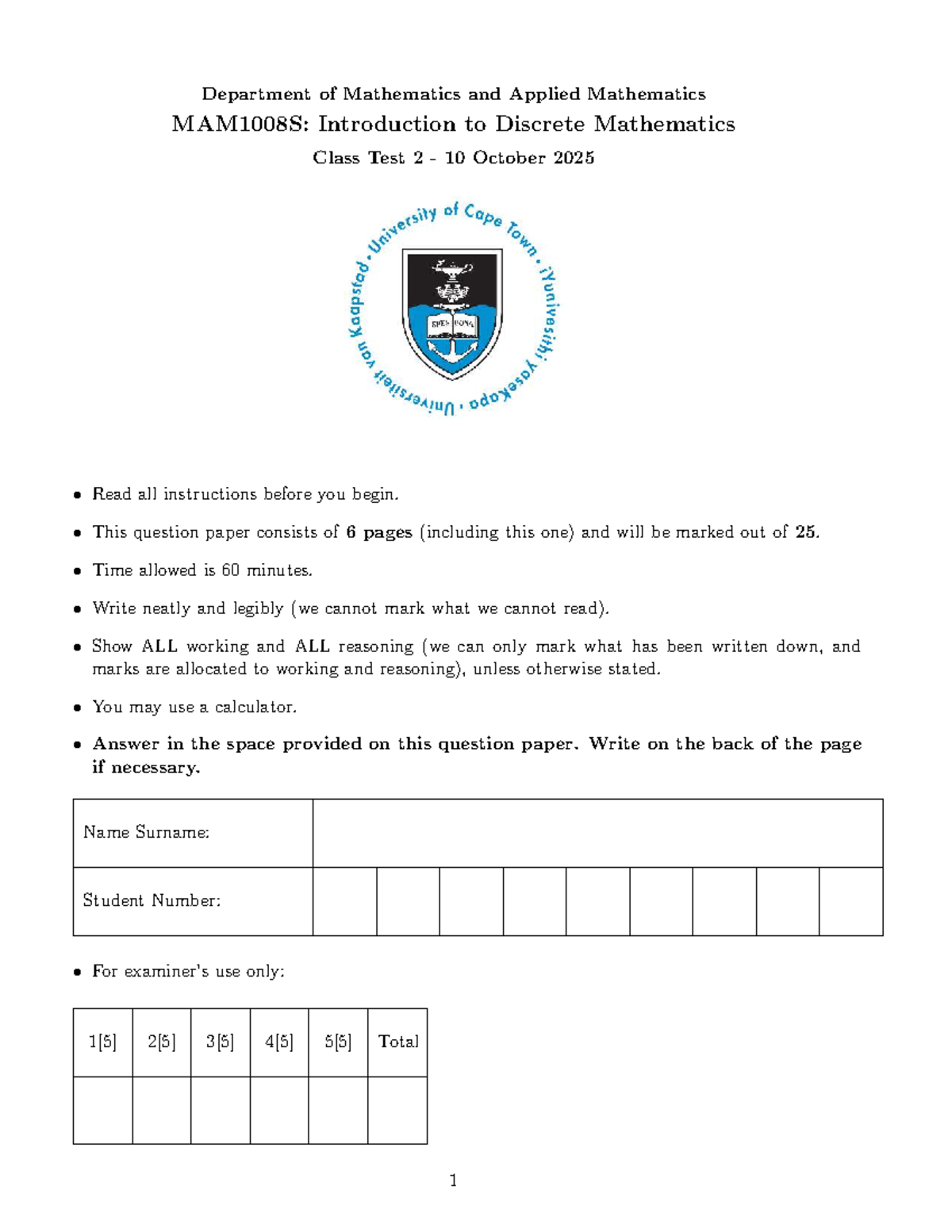 MAM1008S: Discrete Mathematics Class Test 2 Memorandum - 2025 - Studocu