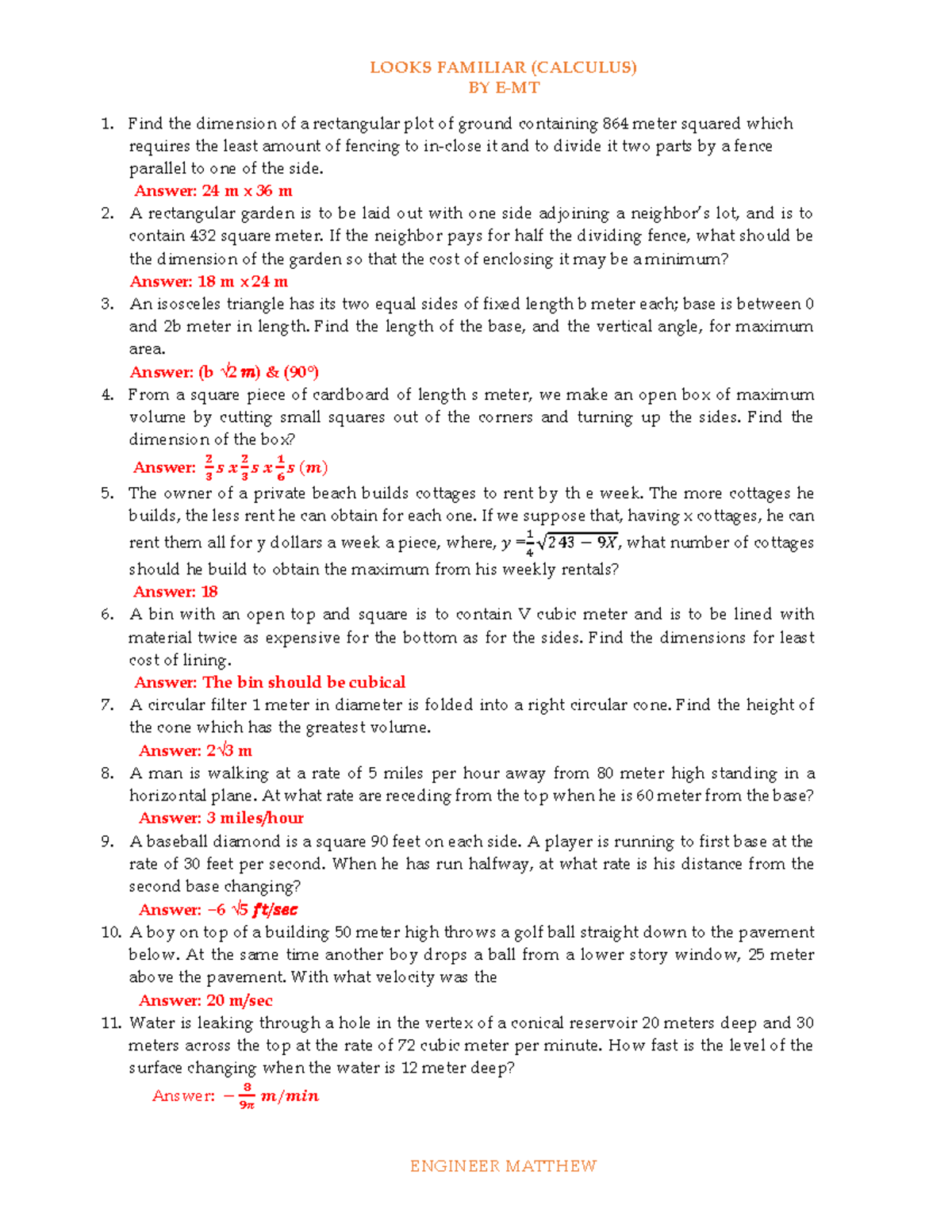 Calculus 1 Problem Set - Optimization & Area Applications - Studocu