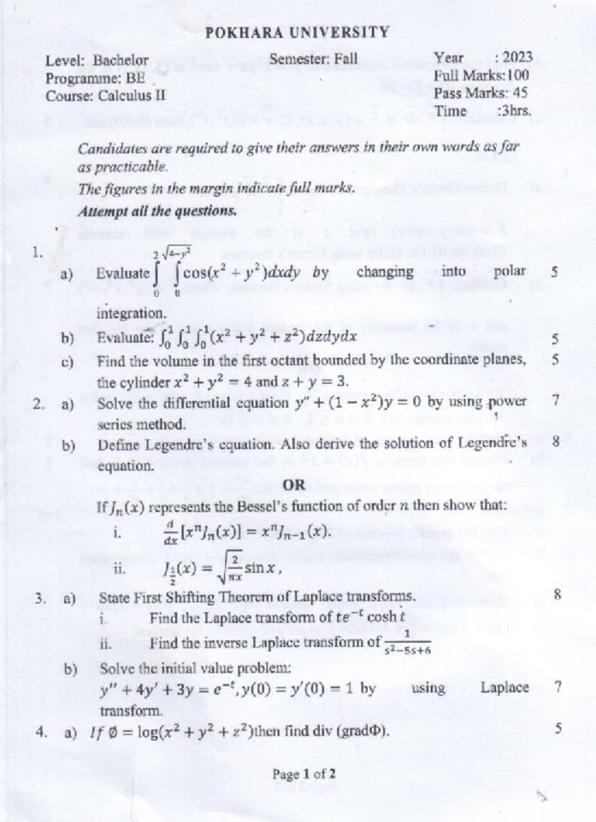 Calculus II (BE) Fall 2023 Exam Paper - Full Marks 100 - Studocu