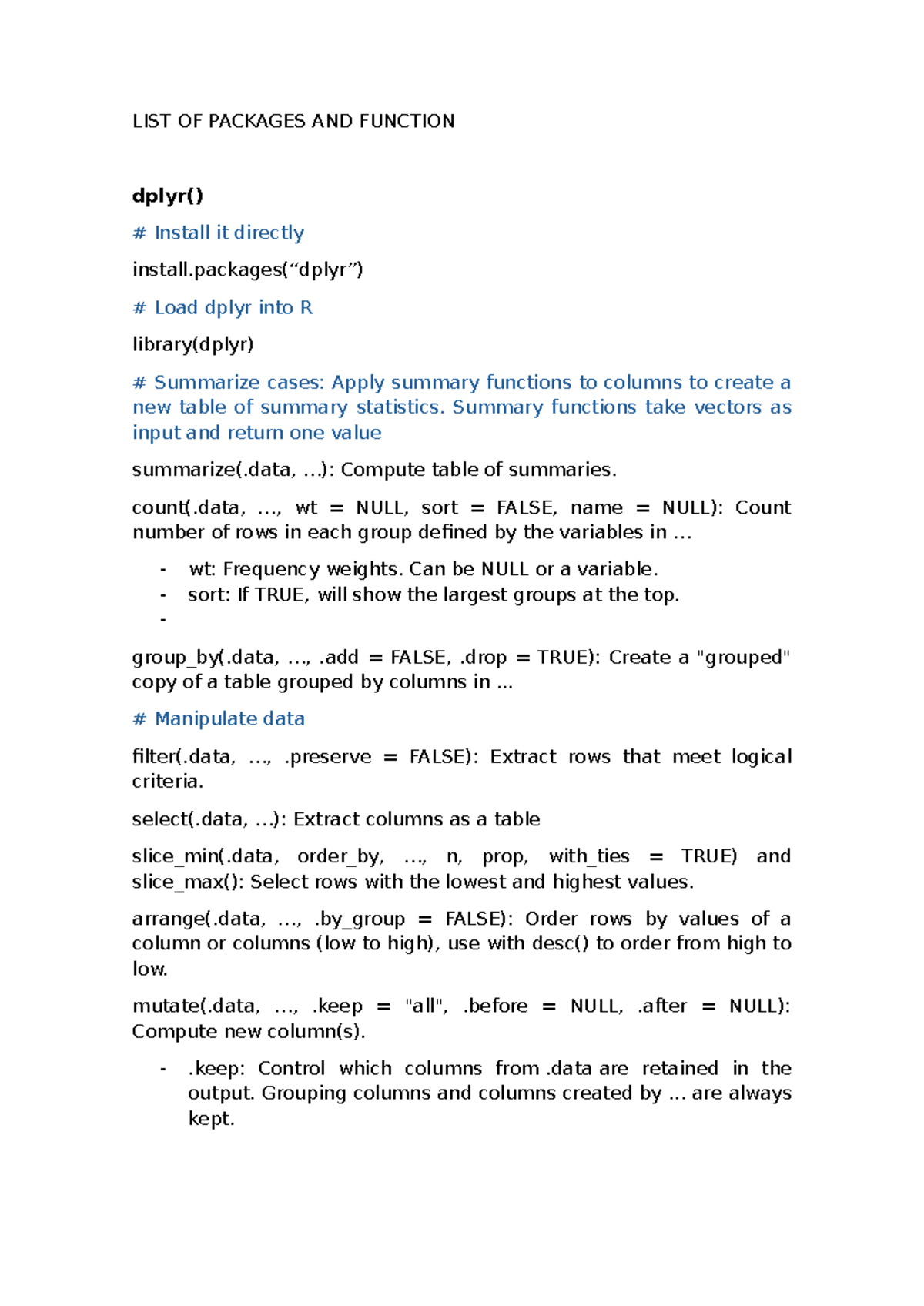 R Studio Script: dplyr() and ggplot2() Functions Overview - Studocu