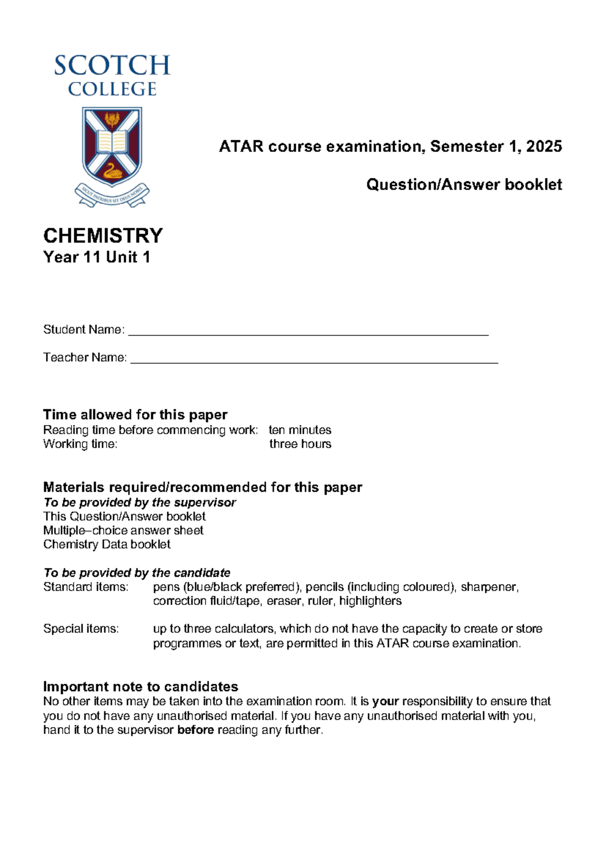 Chemistry ATAR Unit 1 Exam Paper - Semester 1, 2025 - Studocu