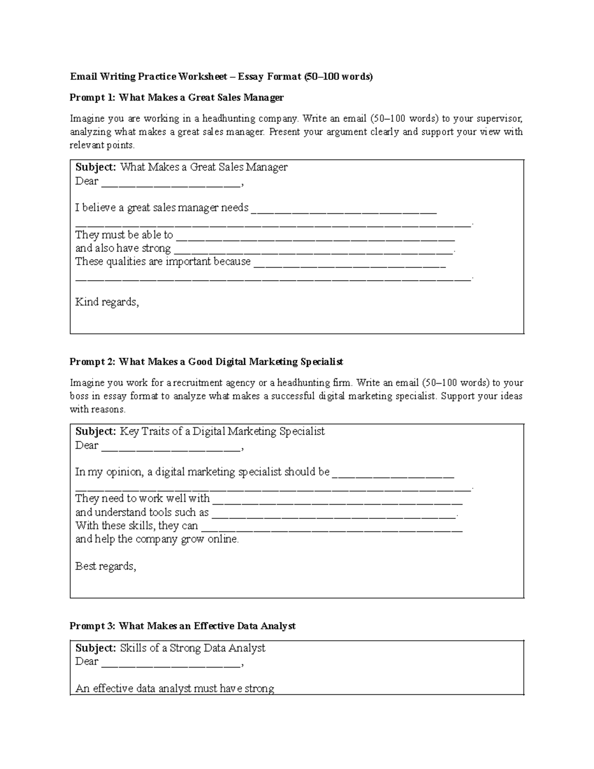 Email Writing Practice Worksheet: Analyzing Key Roles - Studocu