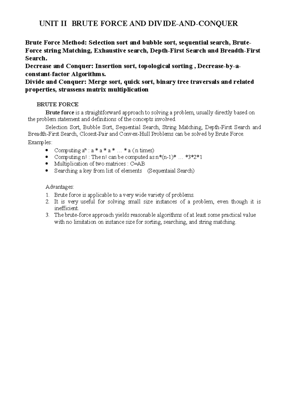 ADA UNIT II: Brute Force & Decrease and Conquer Algorithms - Studocu