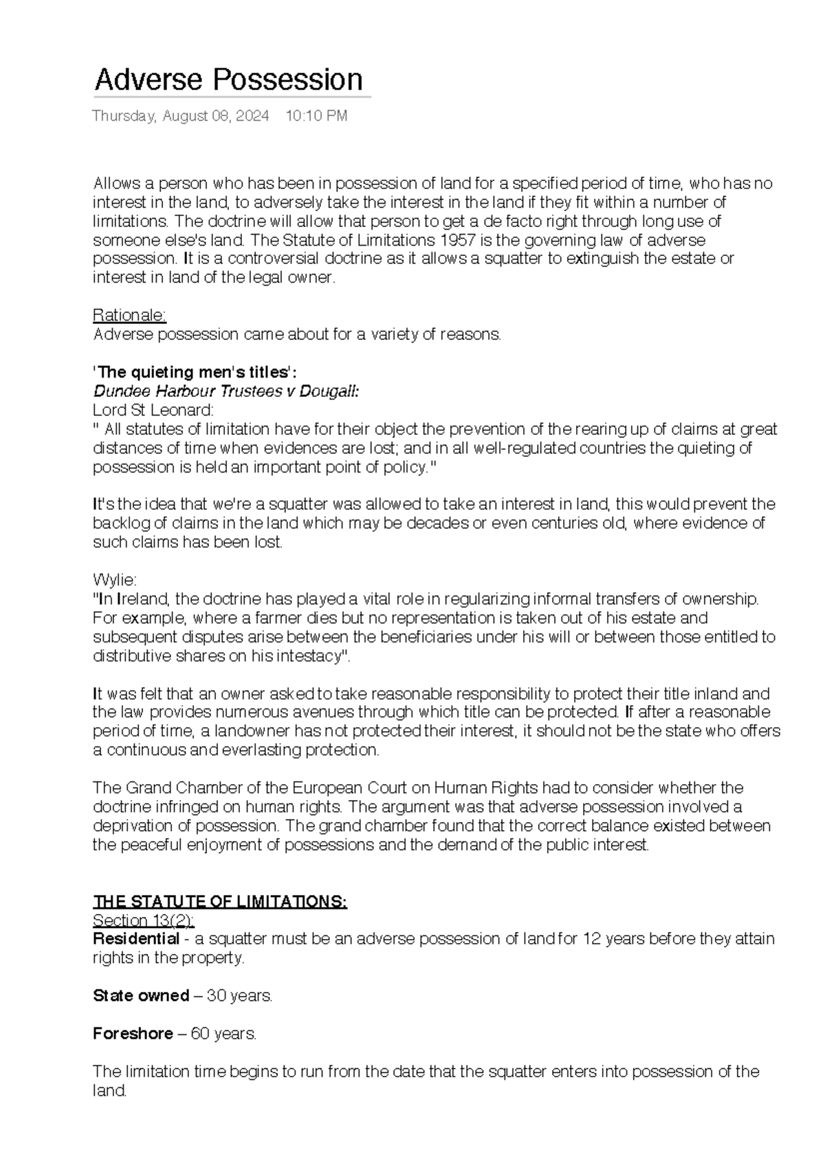 Adverse Possession - FE-1 Final Exam Notes on Land Rights - Studocu