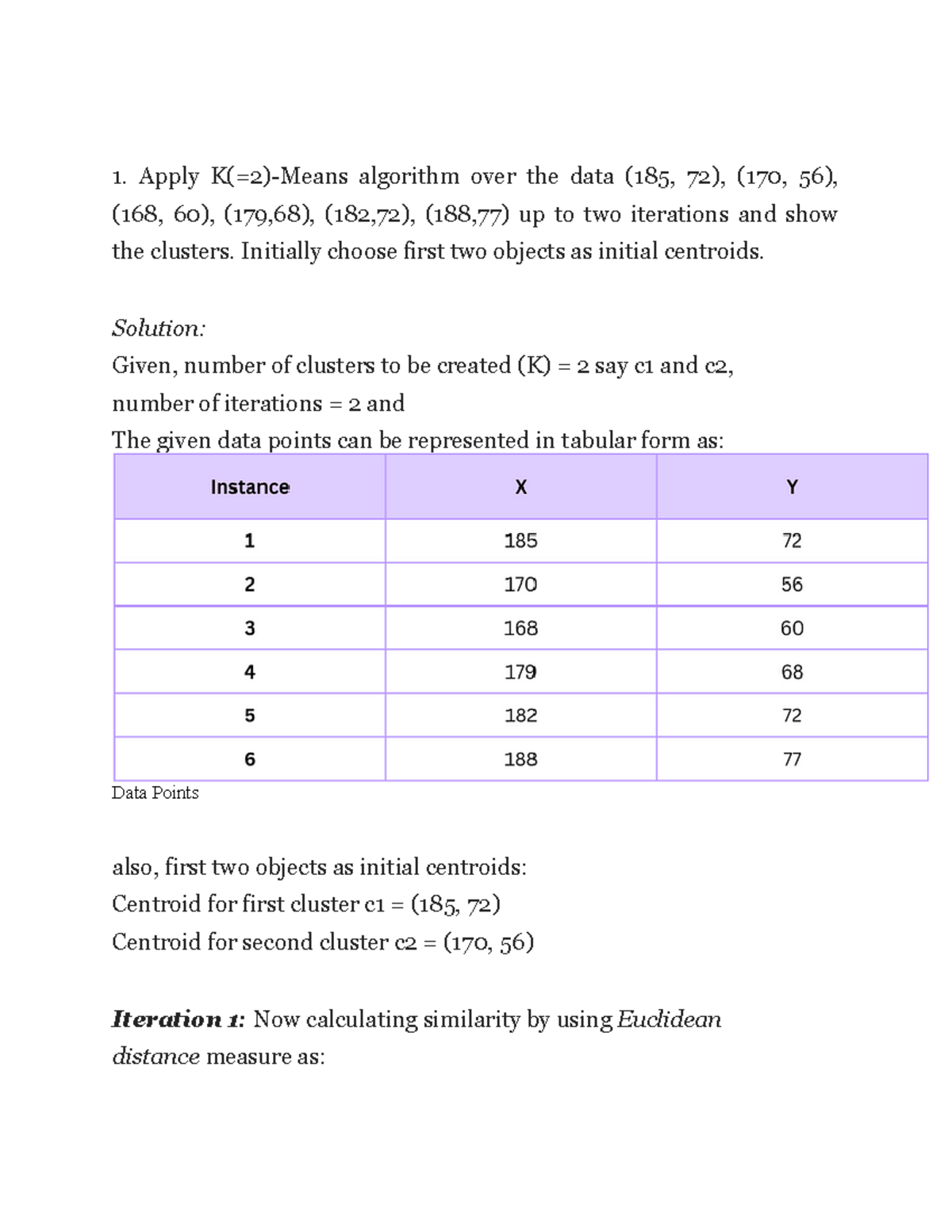 K-Means Algorithm: Step-by-Step Clustering for K=2, Iterations=2 - Studocu