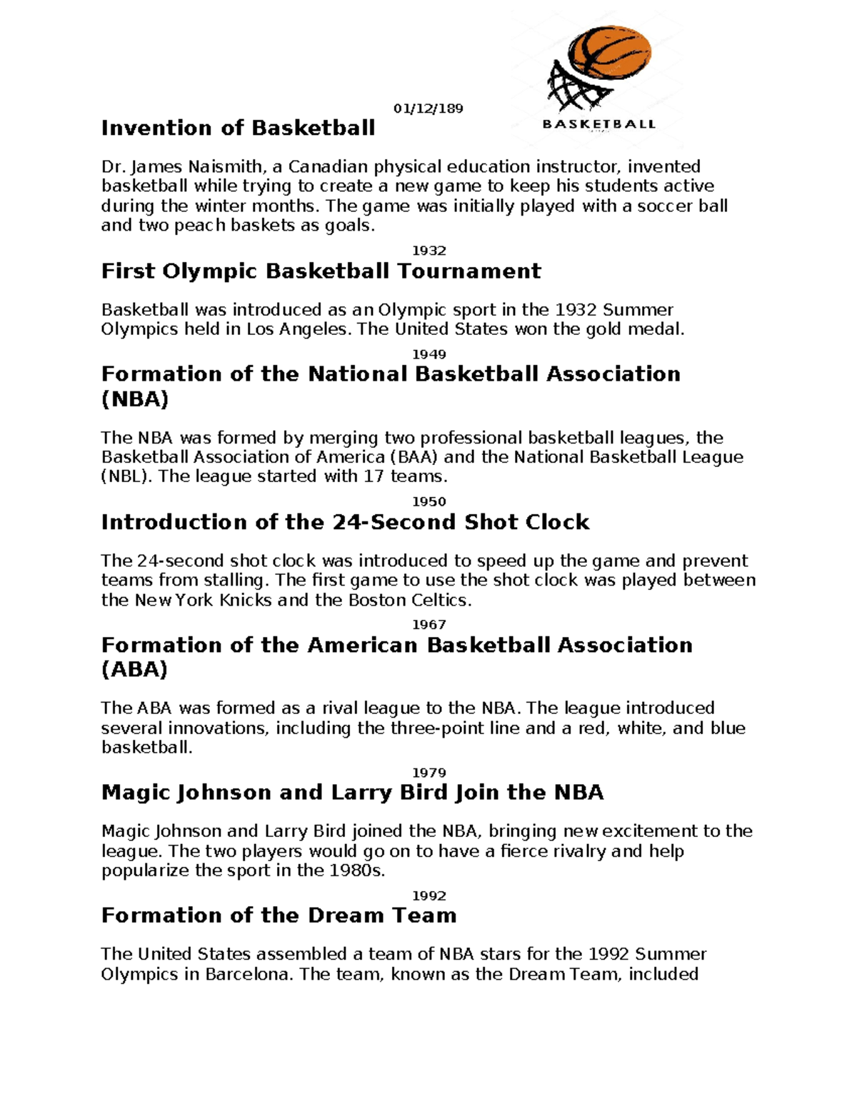 Basketball Timeline 01 - 01/12/ Invention of Basketball Dr. James ...
