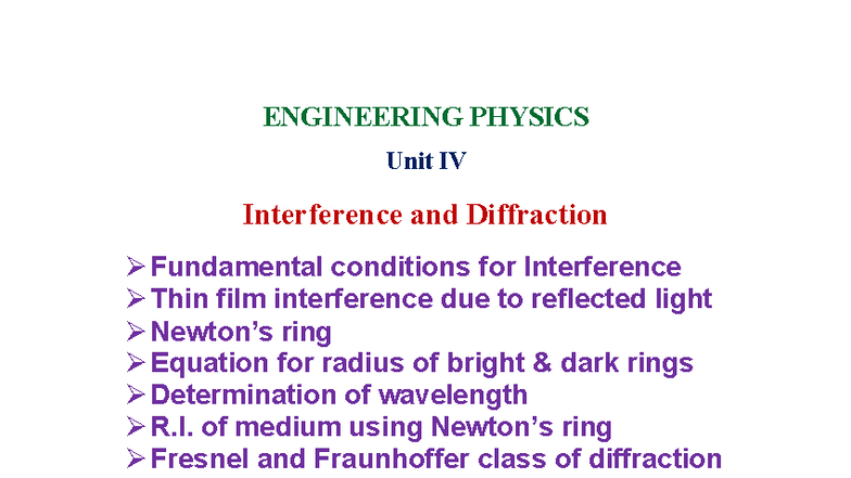 Unit IV - Interference & Diffraction: Key Concepts and Equations - Studocu