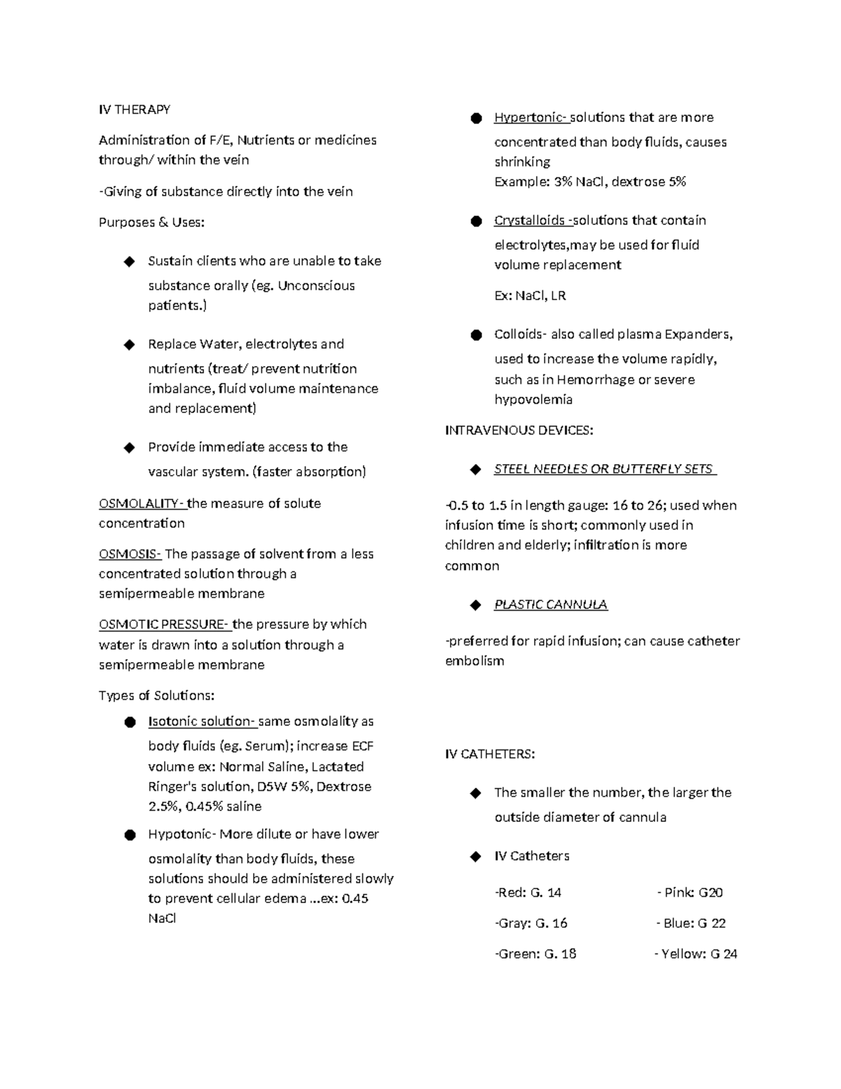 IV Therapy: Administration, Devices, and Complications Overview - Studocu