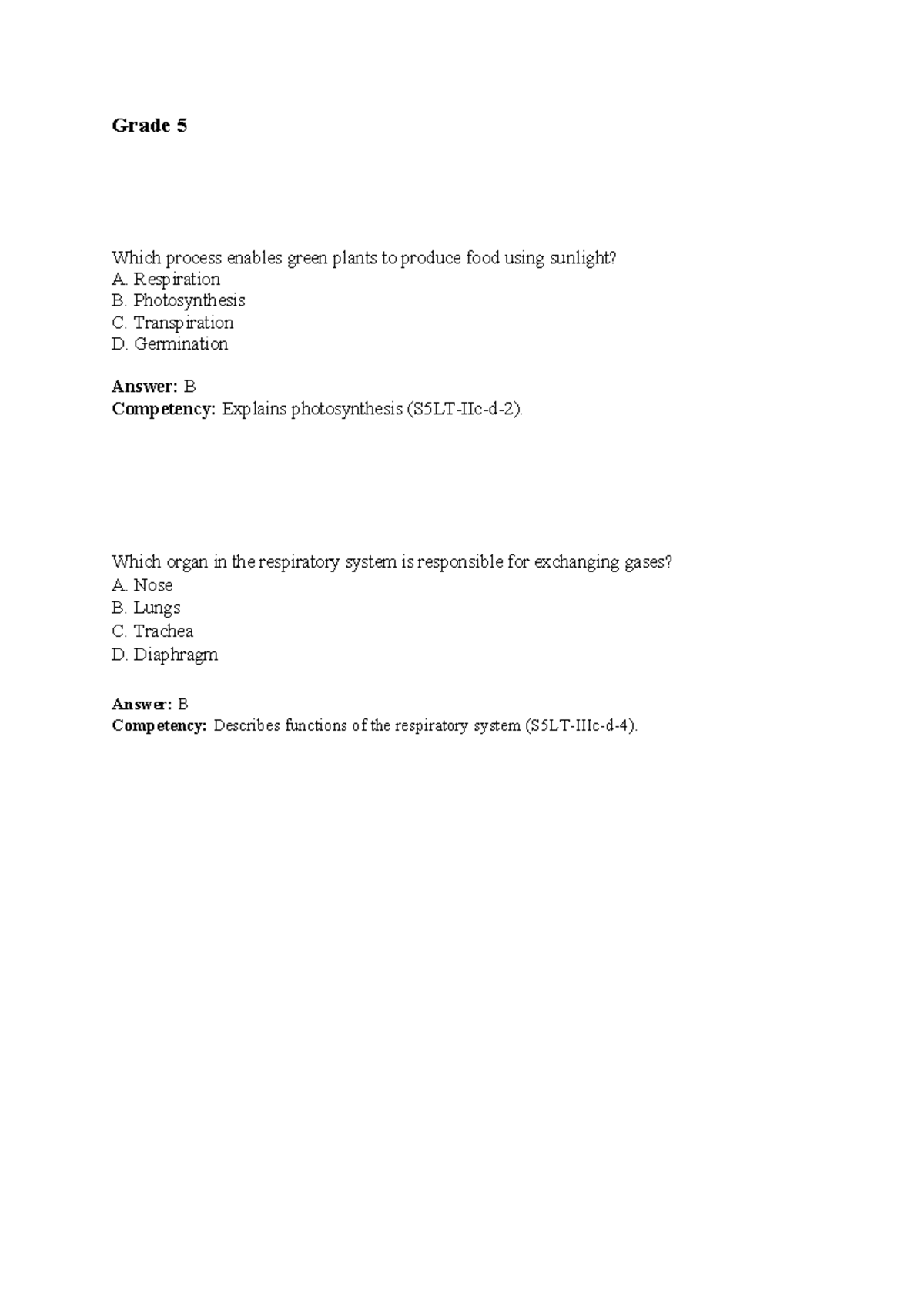 Grade 5 Science Quiz: Photosynthesis & Respiratory System - Studocu