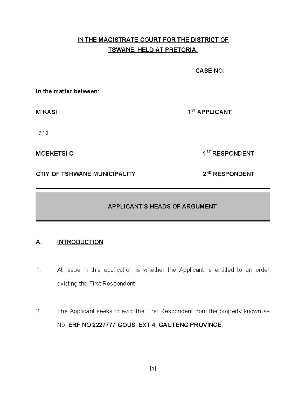 Heads of Argument for Eviction: Case No. [Insert Case Number] - Studocu