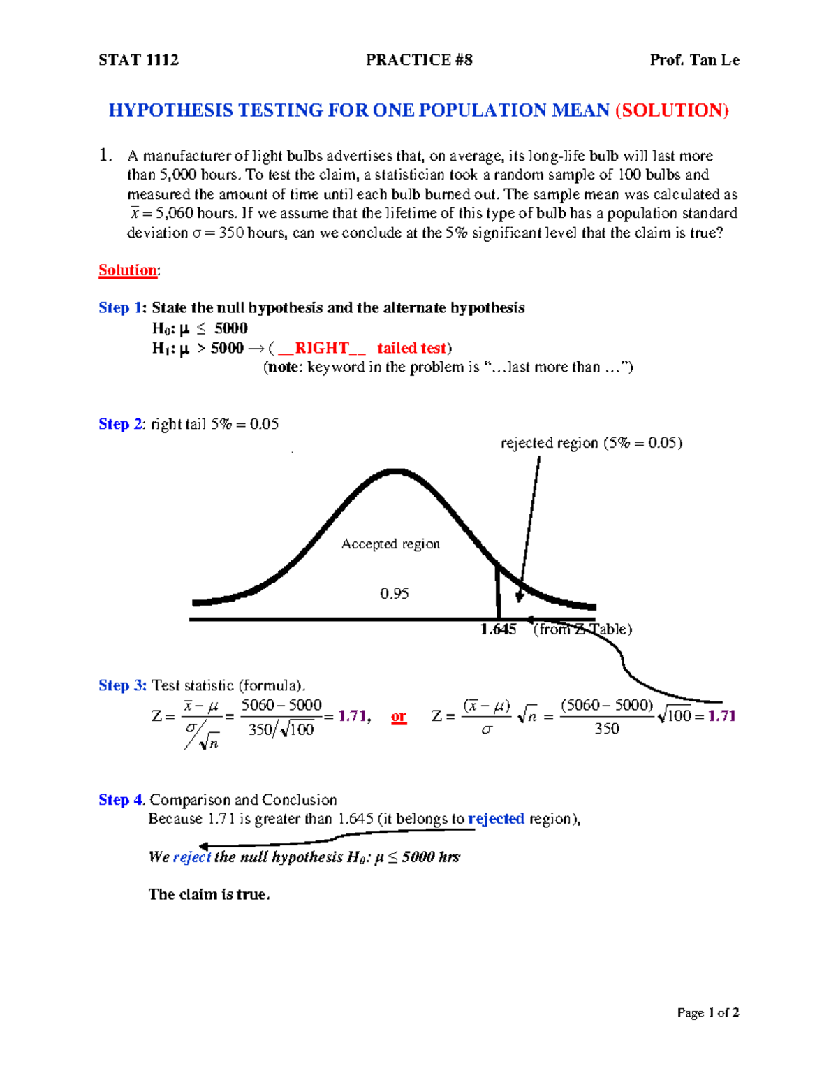 STAT 1112 Practice #8 Hypothesis Testing Solutions by Prof. Tan Le ...