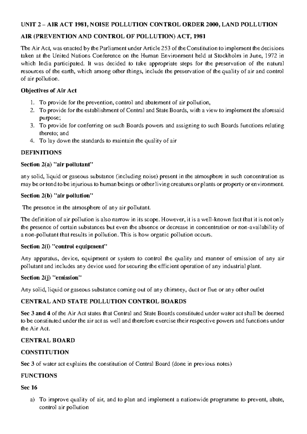 UNIT 2 & 3: Environmental Law - Air, Noise, Land Pollution & Forests ...