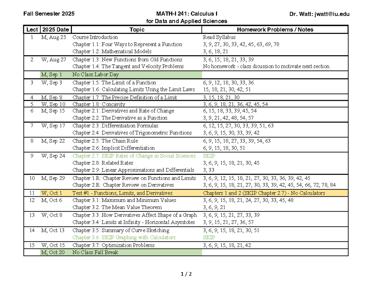 Fall 2025 MATH 241: Calculus I for Data & Applied Sciences Lecture Schedule - Studocu