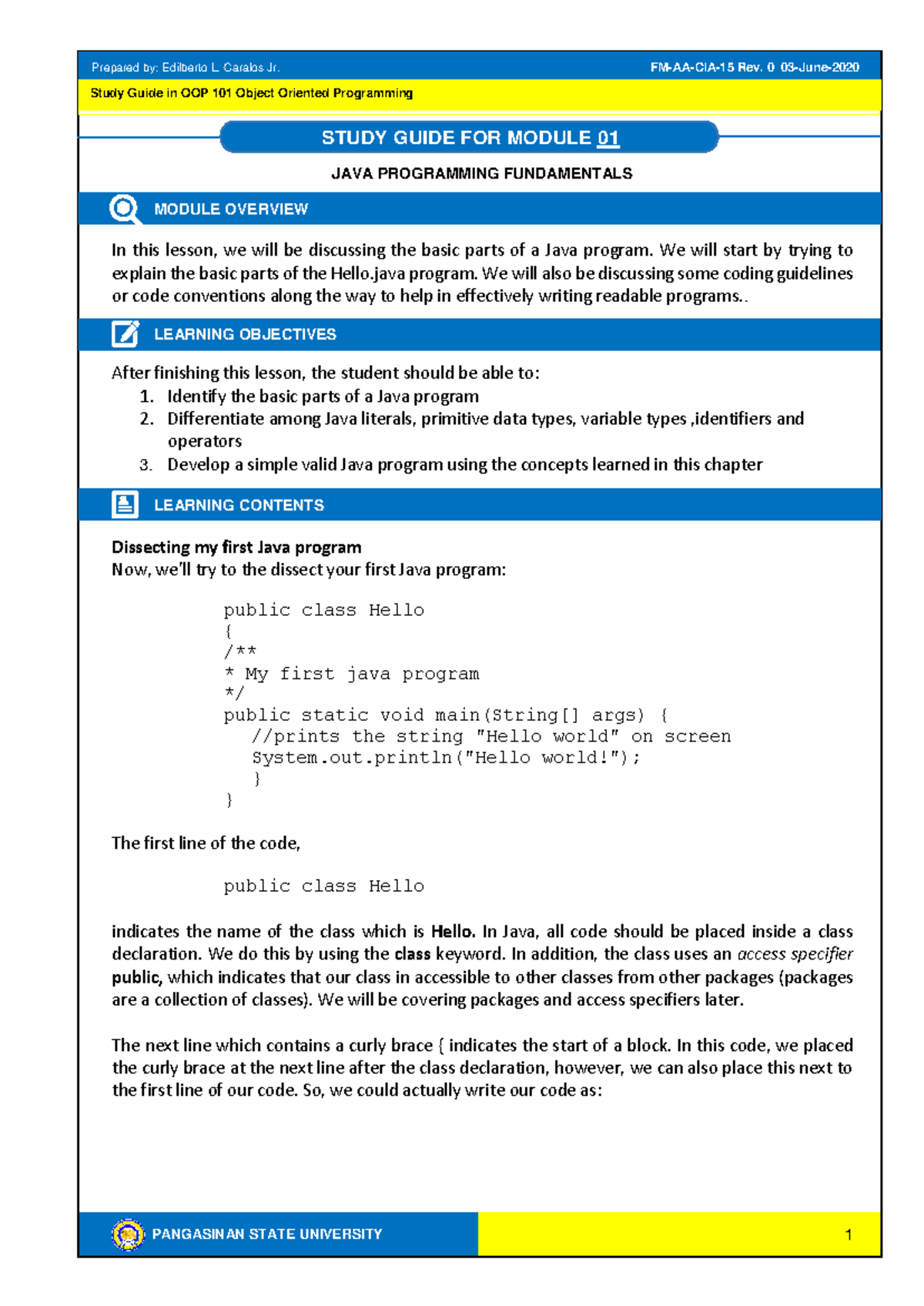 Module 01 - Java Programming Fundamentals - ####### Study Guide in OOP ...
