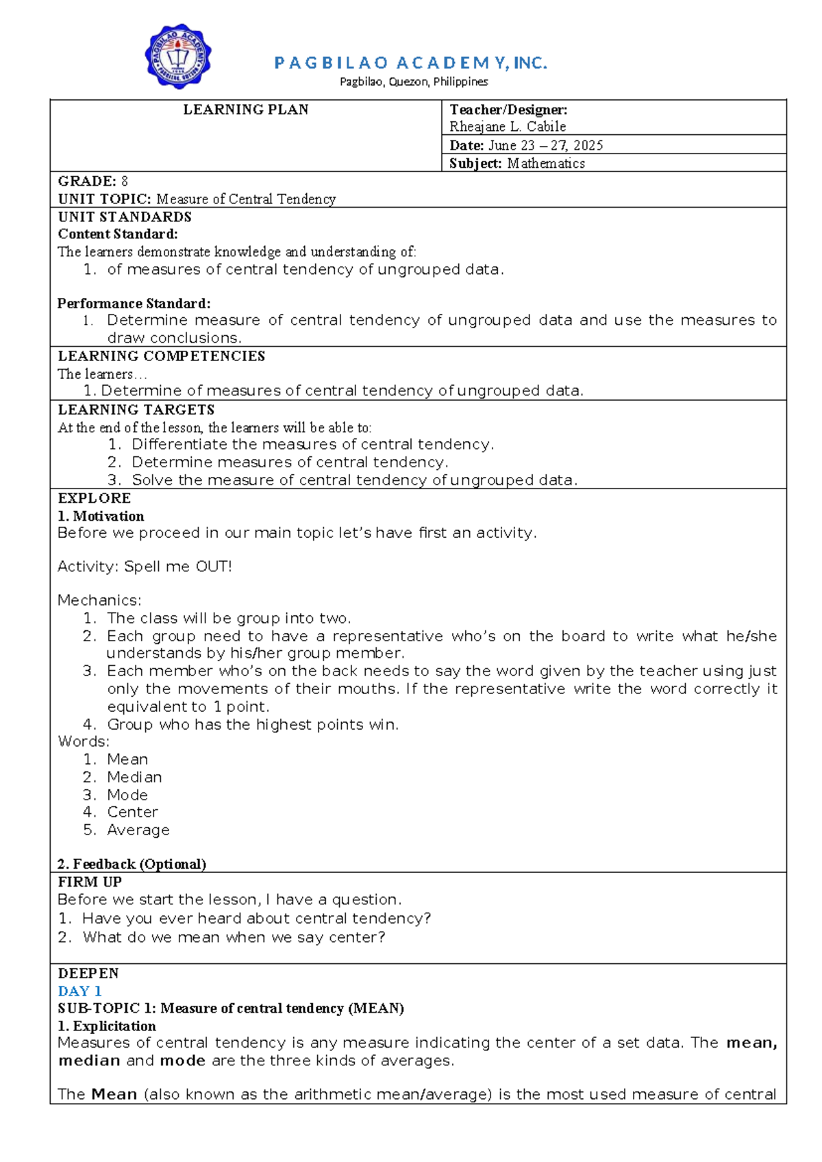 W1 Mathematics-8: Lesson Plan on Measures of Central Tendency - Studocu